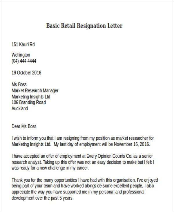 Letter Of Resignation Retail