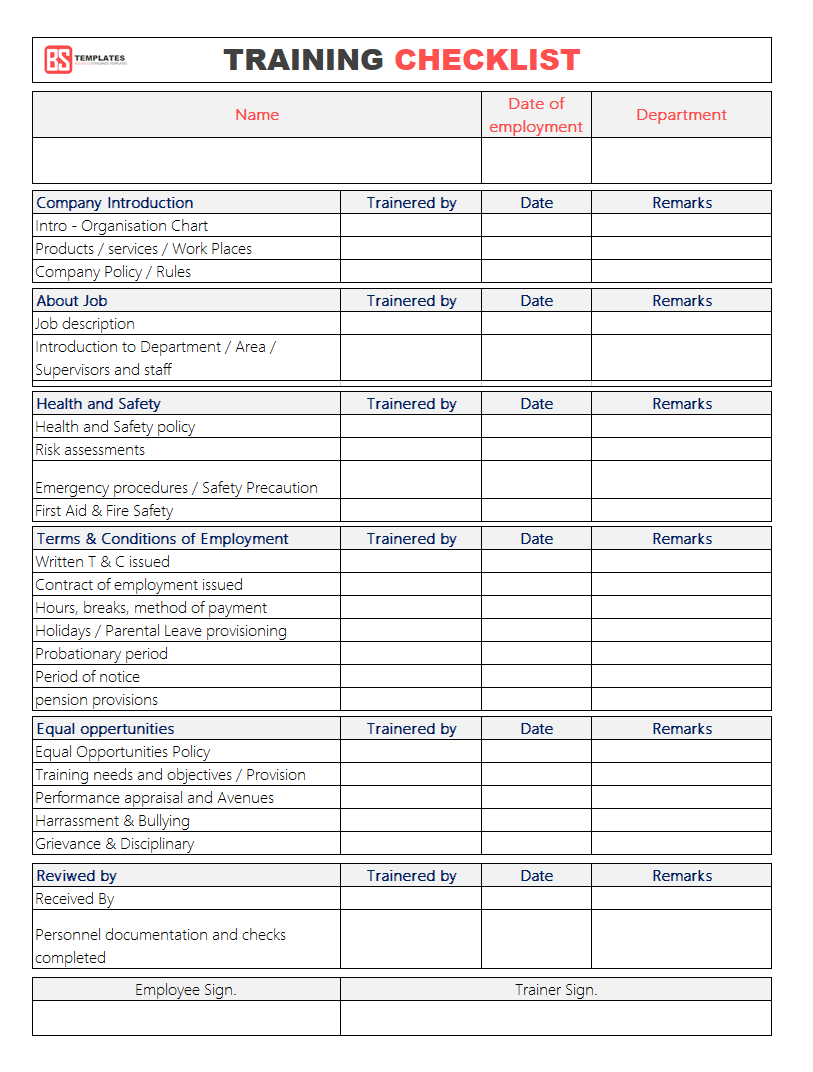 Training Checklist Template Excel Martin Printable Calendars